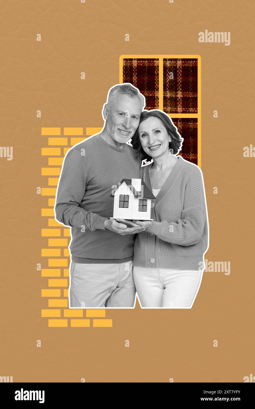Creative banner sketch collage of two people married couple hold house ...