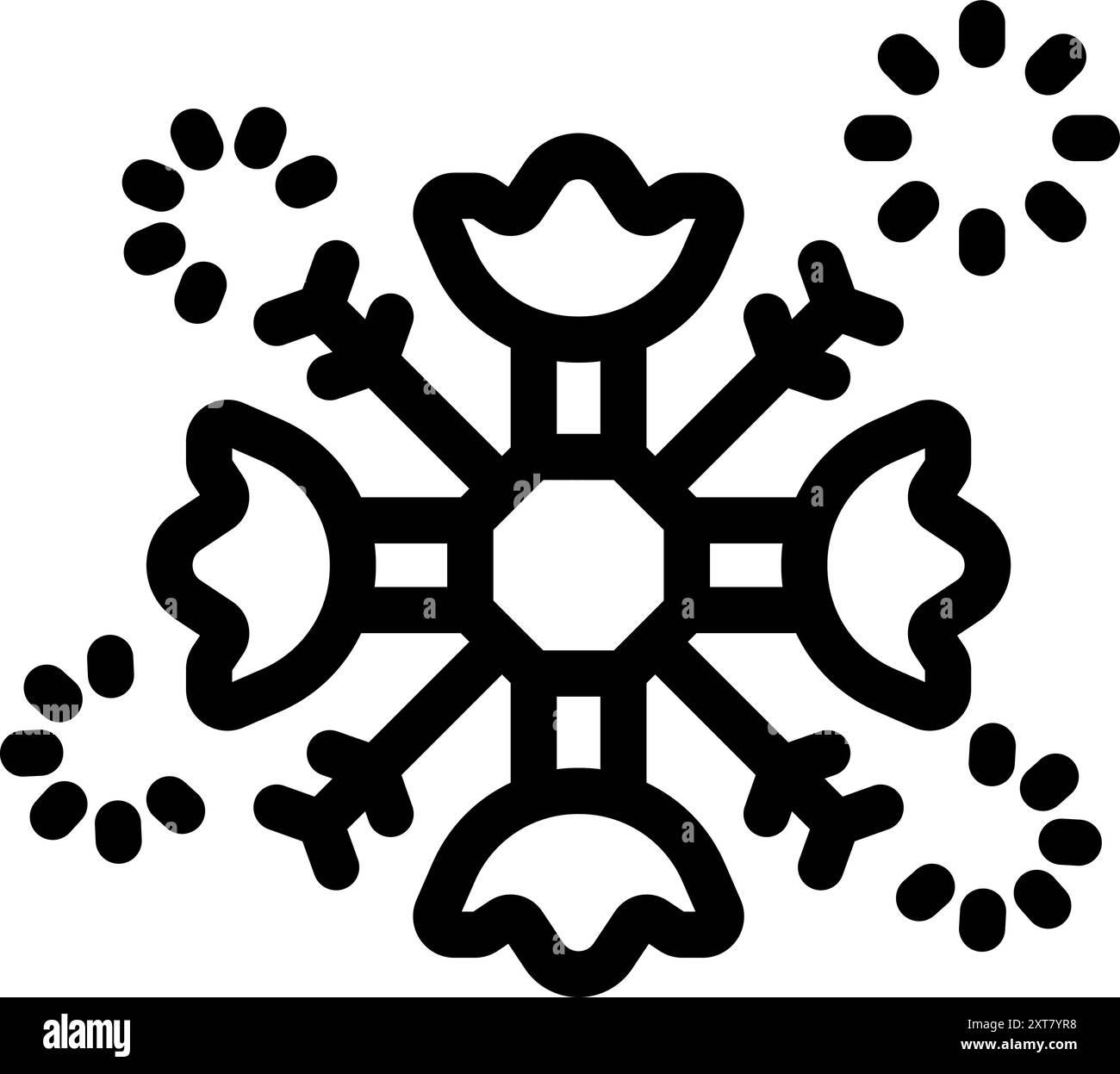 Simple icon of a beautiful snowflake with small snowflakes falling on ...