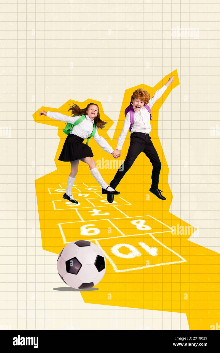 Vertical photo collage of happy girl guy jump together hopscotch game ...