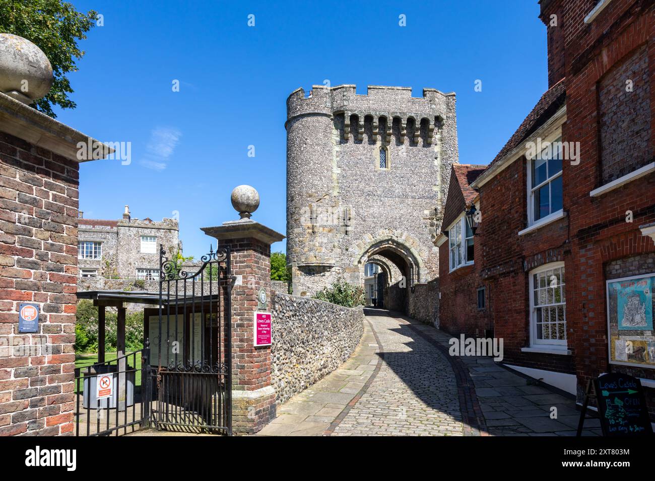 Barbican gatehouse at Lewes Castle, a medieval castle in East Sussex ...