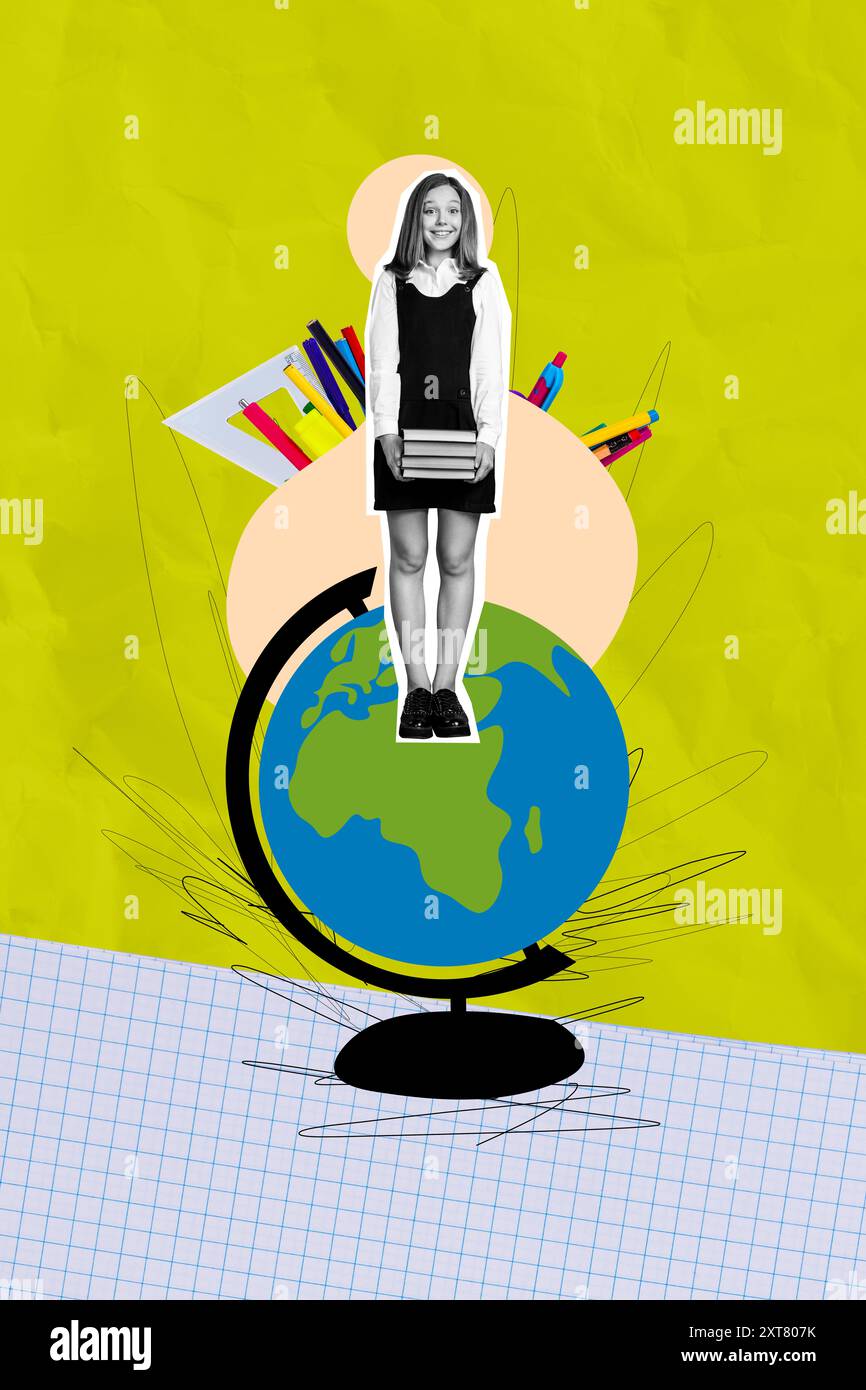 Vertical photo collage of happy schoolgirl hold book stack stand globe ...