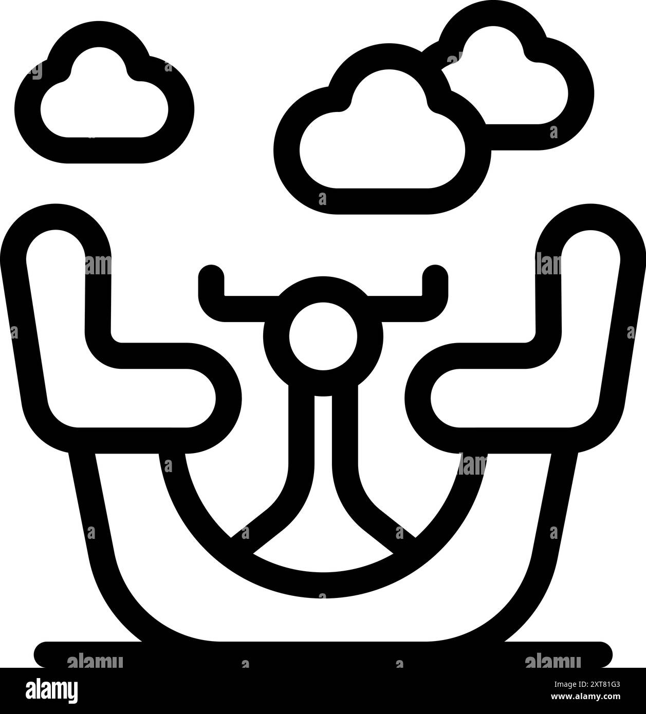 Two pilots flying airplane above clouds steering wheel control panel ...