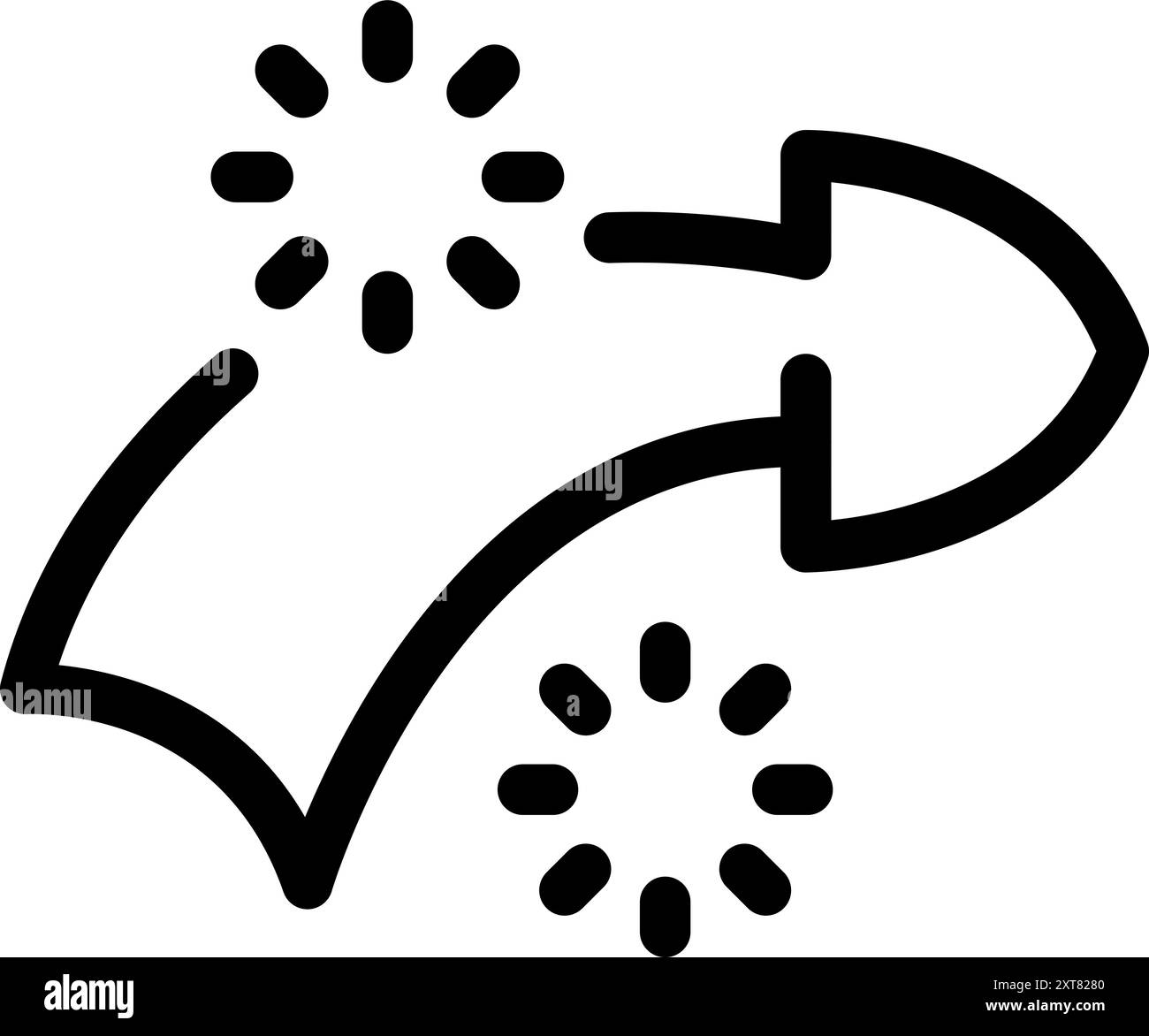 Simple, bold line icon of an arrow moving forward with rotating loading circles representing ...