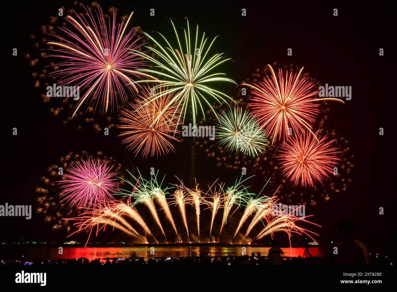 People capturing a fireworks shows with their mobile phone. Colorful ...