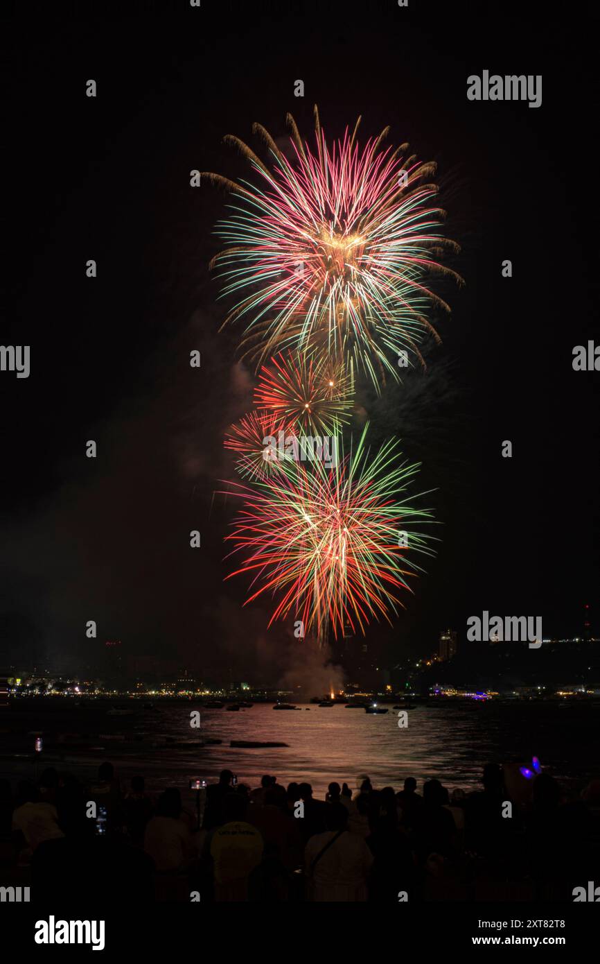 Colorful fireworks celebration with people and the city night light ...