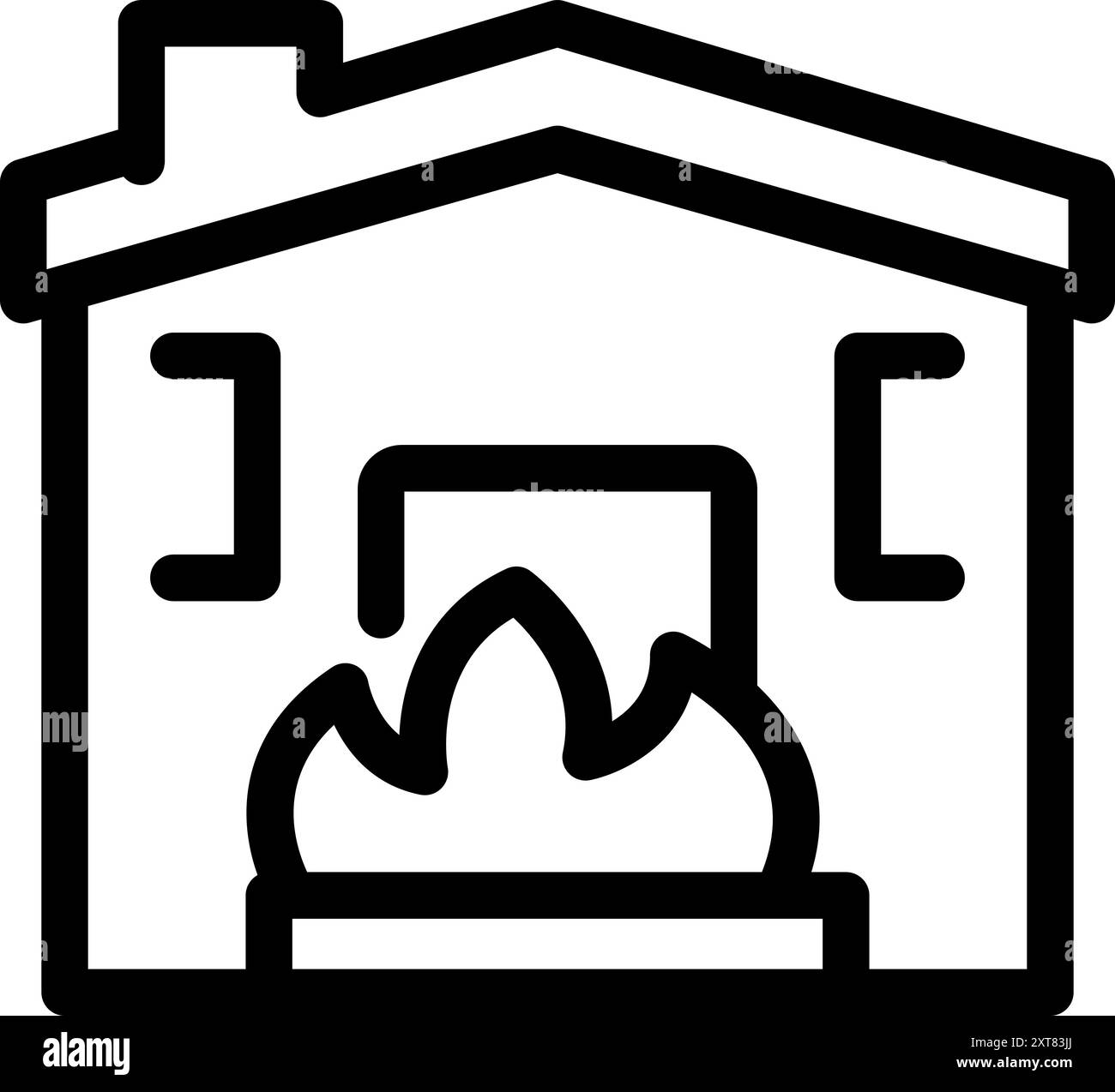 Simple black and white icon of a house on fire with large flames coming ...