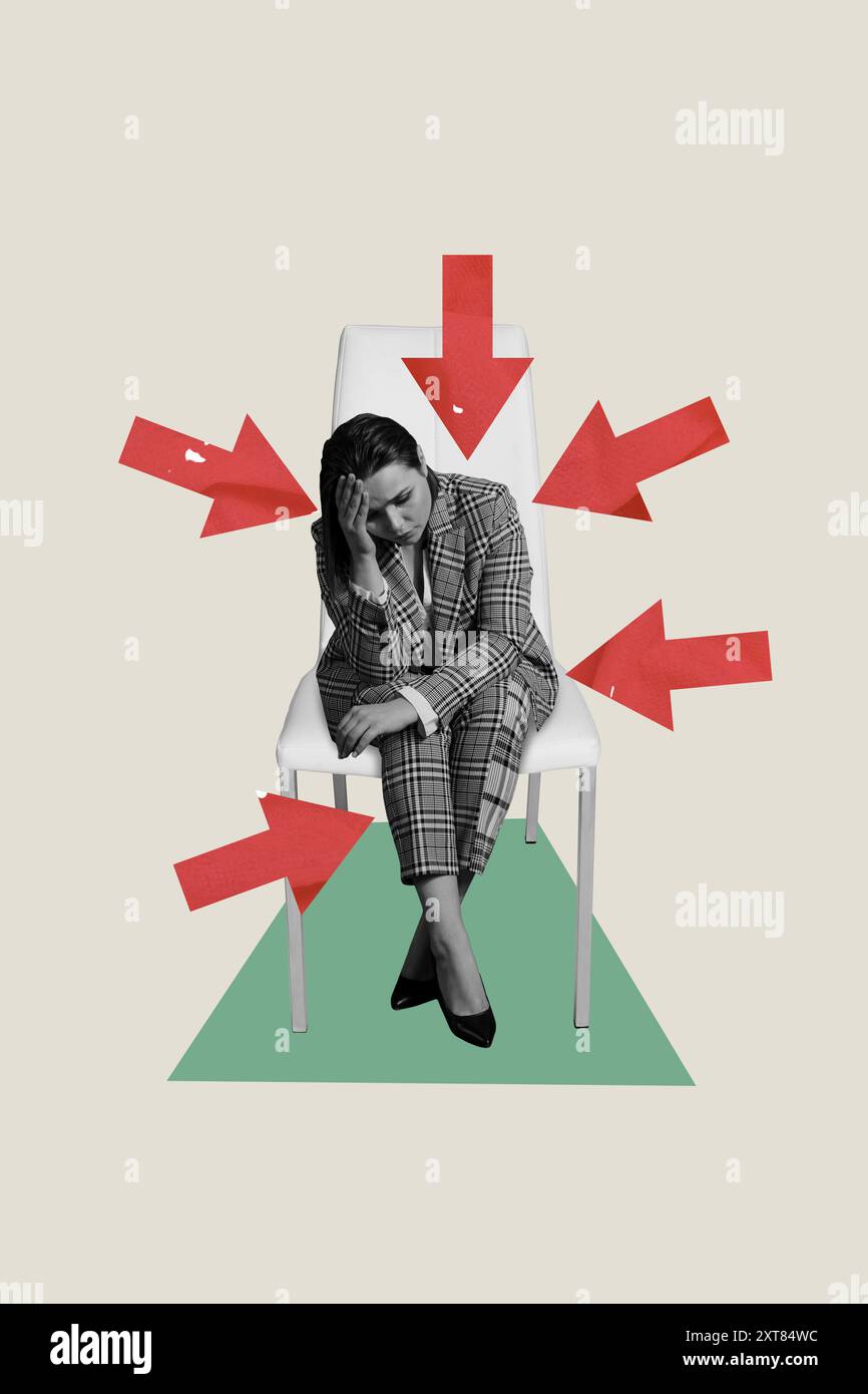Vertical photo collage of sad businesswoman sit chair cry work problem ...