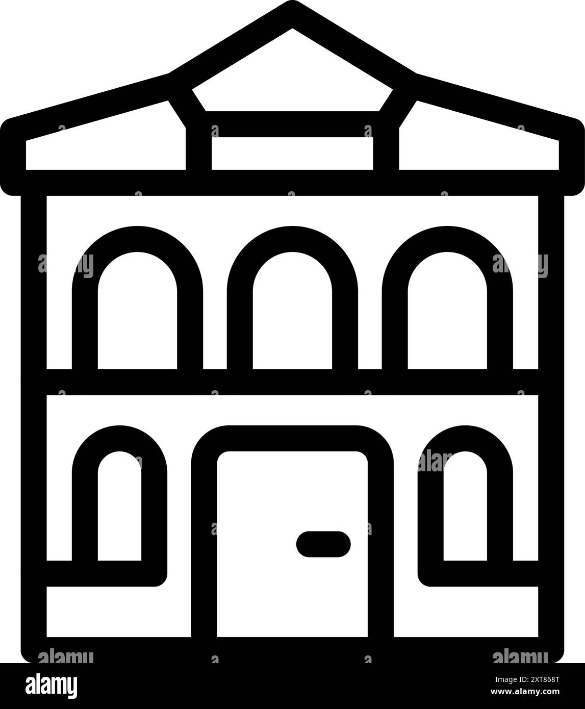 Simple line art icon of a two storey building facade with arched ...