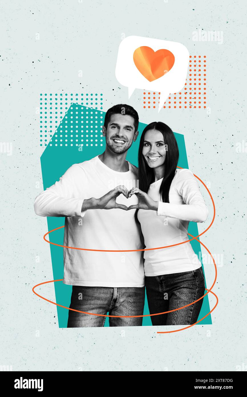 Vertical photo collage of two happy girl guy love show live gesture ...