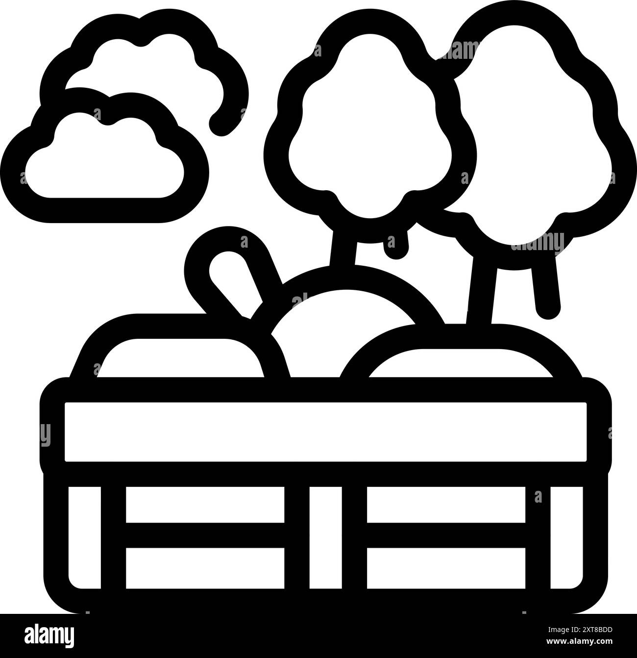 Line drawing of a wooden crate full of apples, evoking the concept of ...
