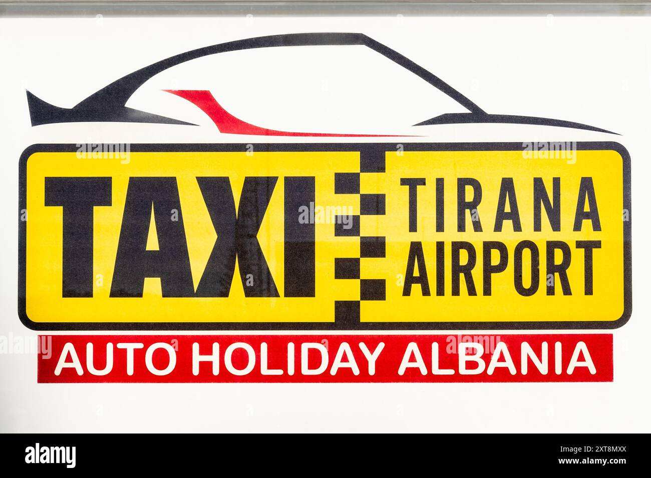 Sign board of a taxi. Advertisement of a taxi business in Tirana Airport Albania. Taxi sign from ...