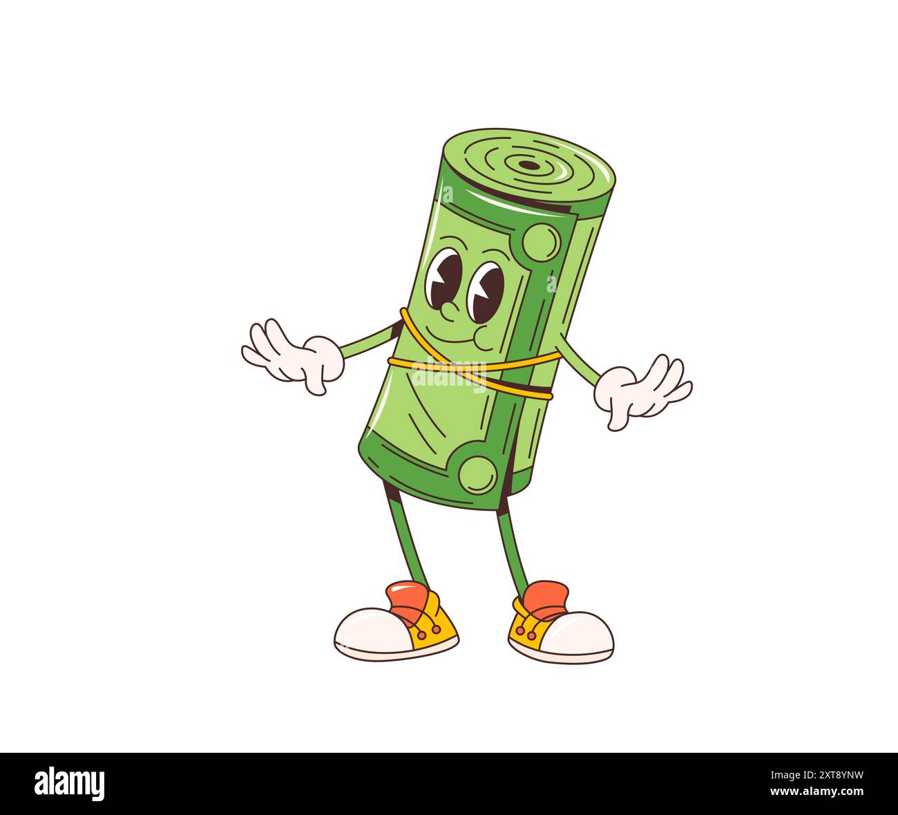 Cartoon retro groovy rolled banknote character. Isolated vector hippie ...