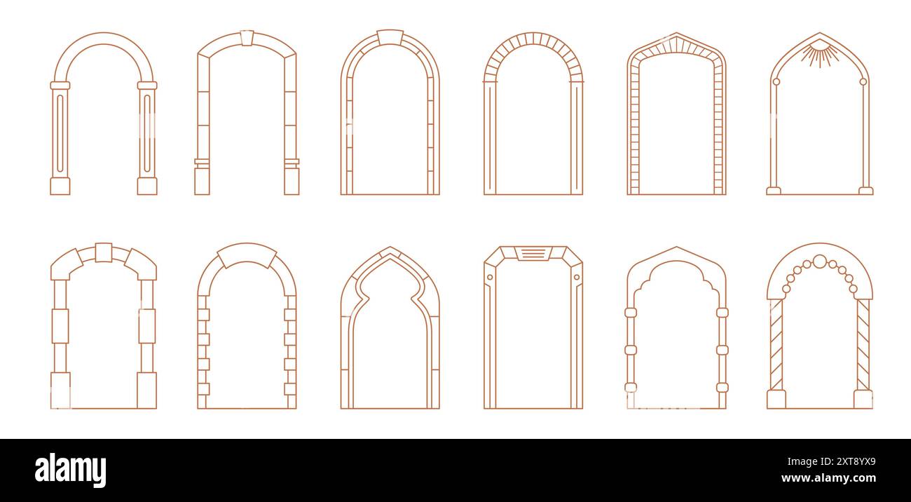 Art deco arch windows, door frames with vector line ornaments and boho ...