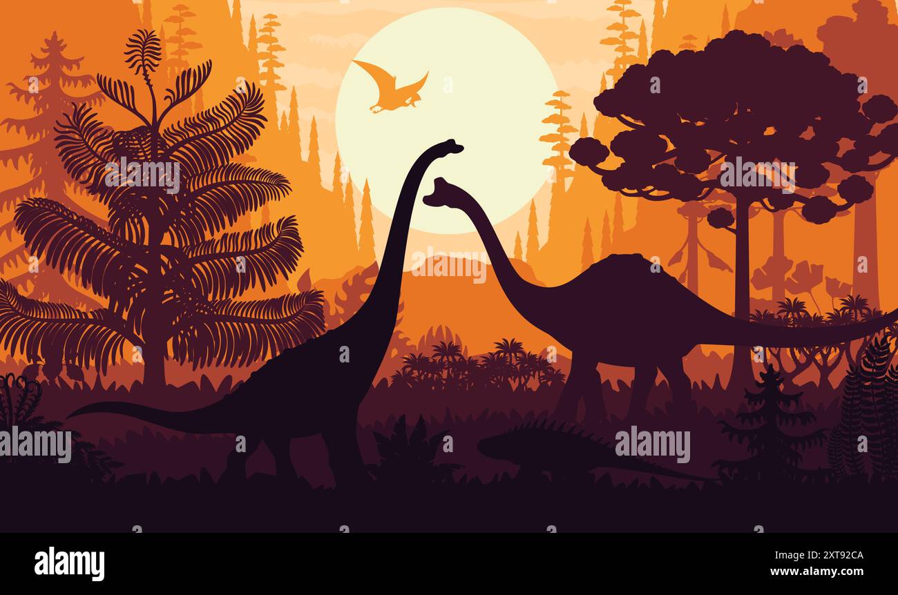 Prehistoric dinosaur silhouettes on sunset vector background with ...
