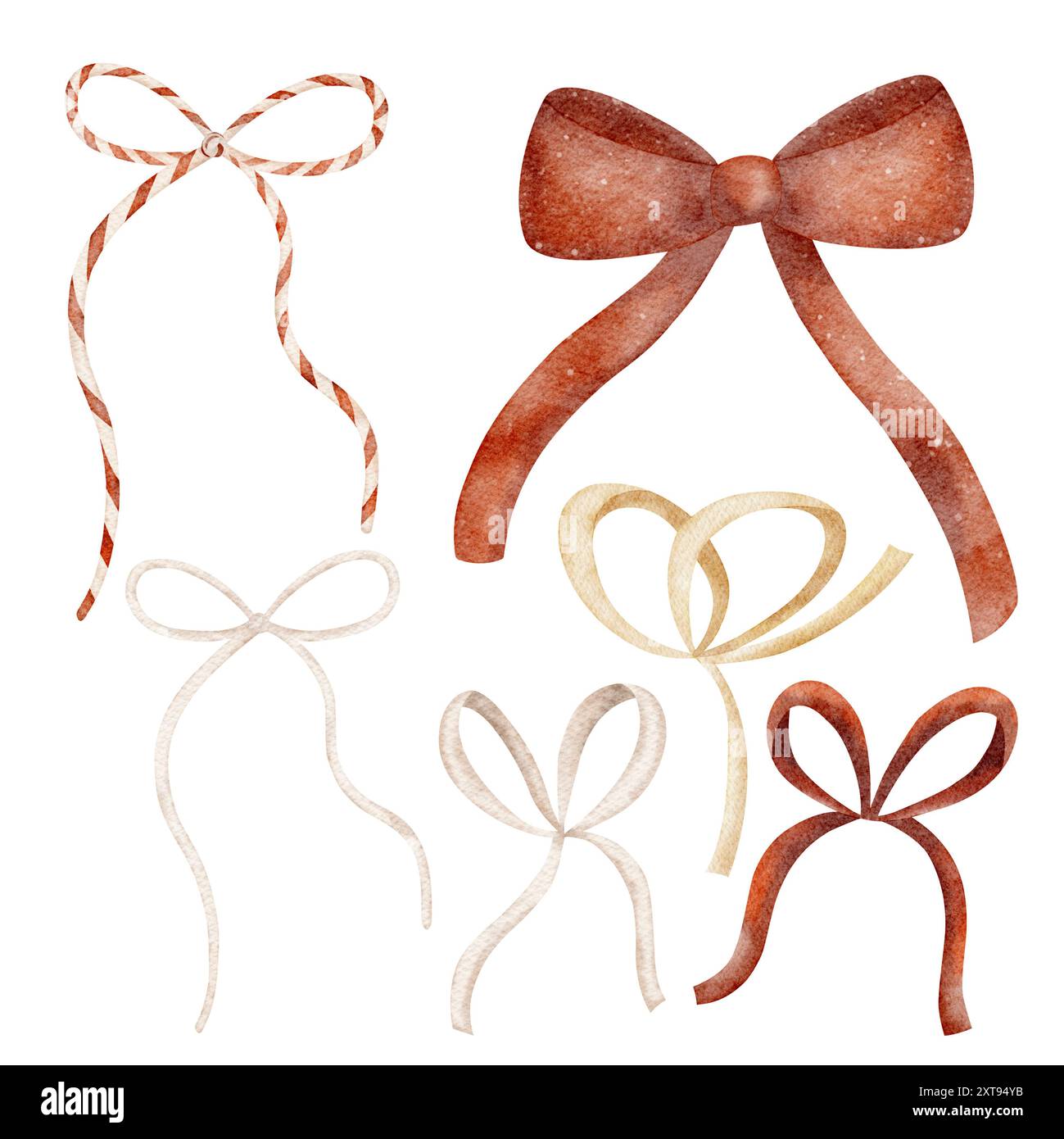 Watercolor New Year red bows, ribbons, ropes. Set of illustrations for ...