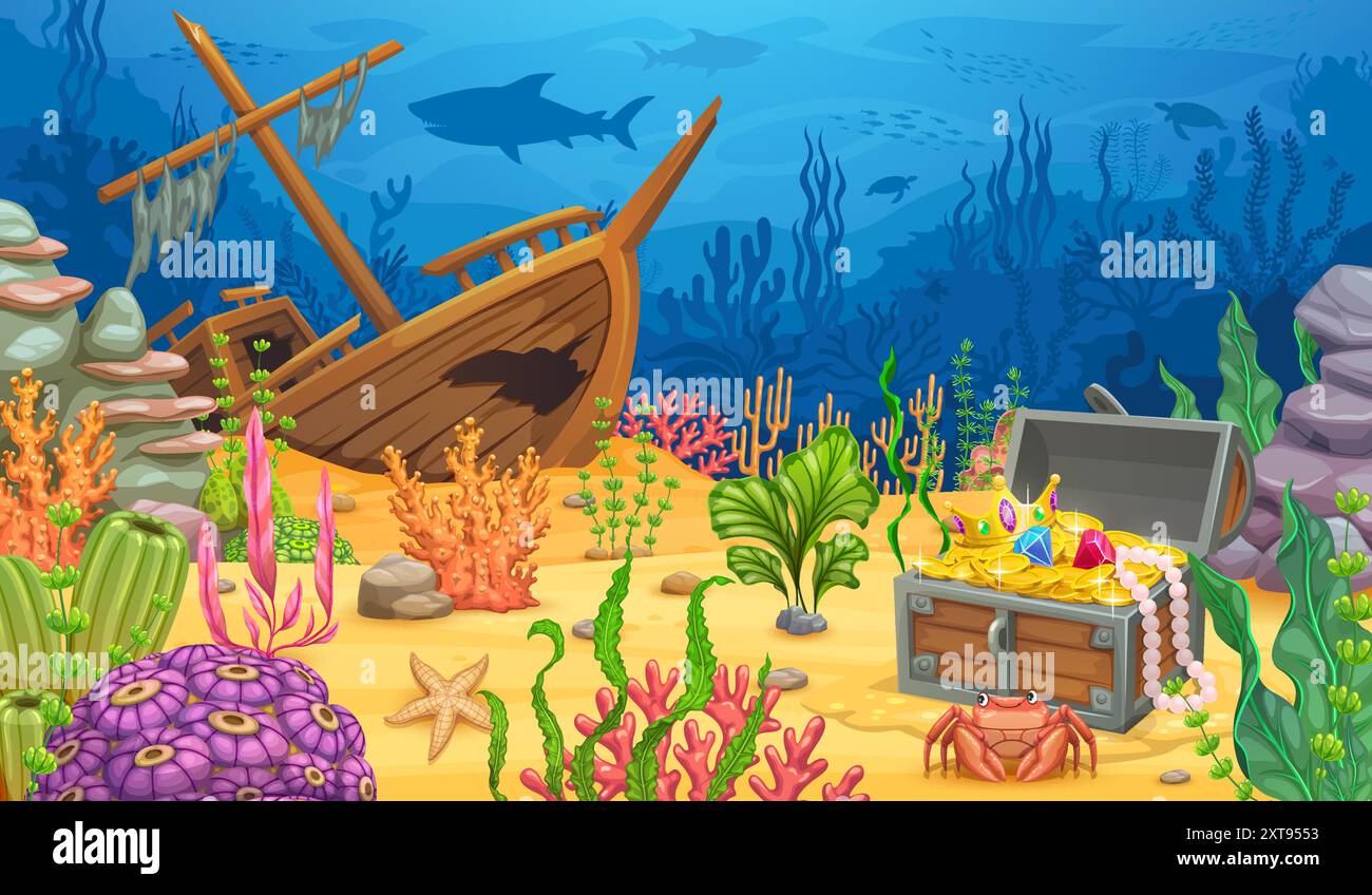 Underwater game landscape, sunken ship and treasure chest. Cartoon ...