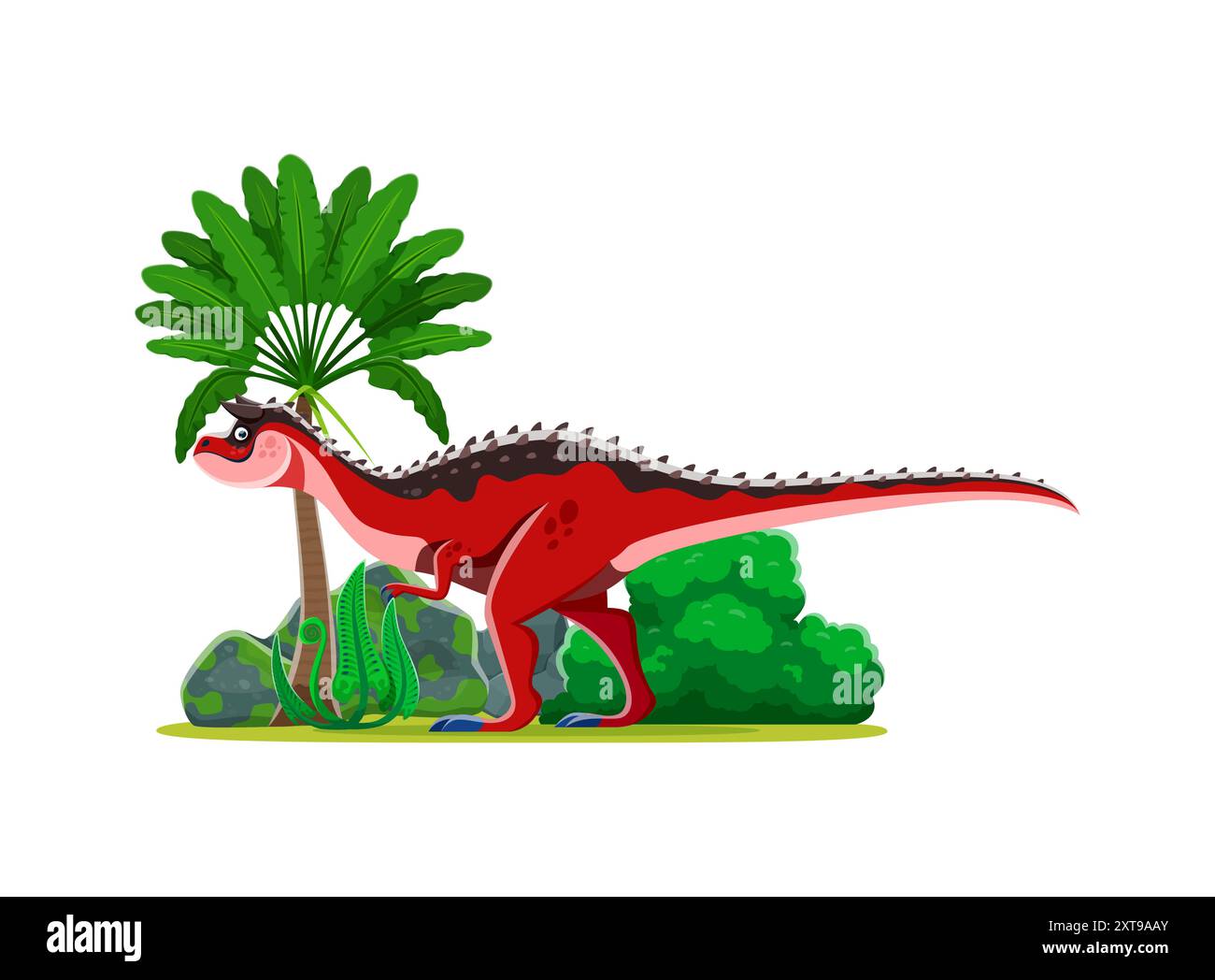 Carnotaurus cartoon prehistoric dinosaur. Vibrant red dino with black ...