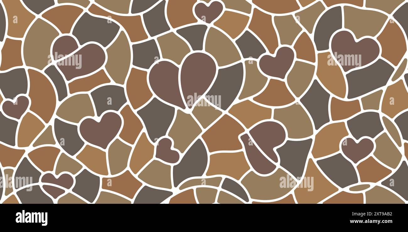 Brown mosaic stone splinter tile pattern, paving floor background. Vector backdrop with heart ...