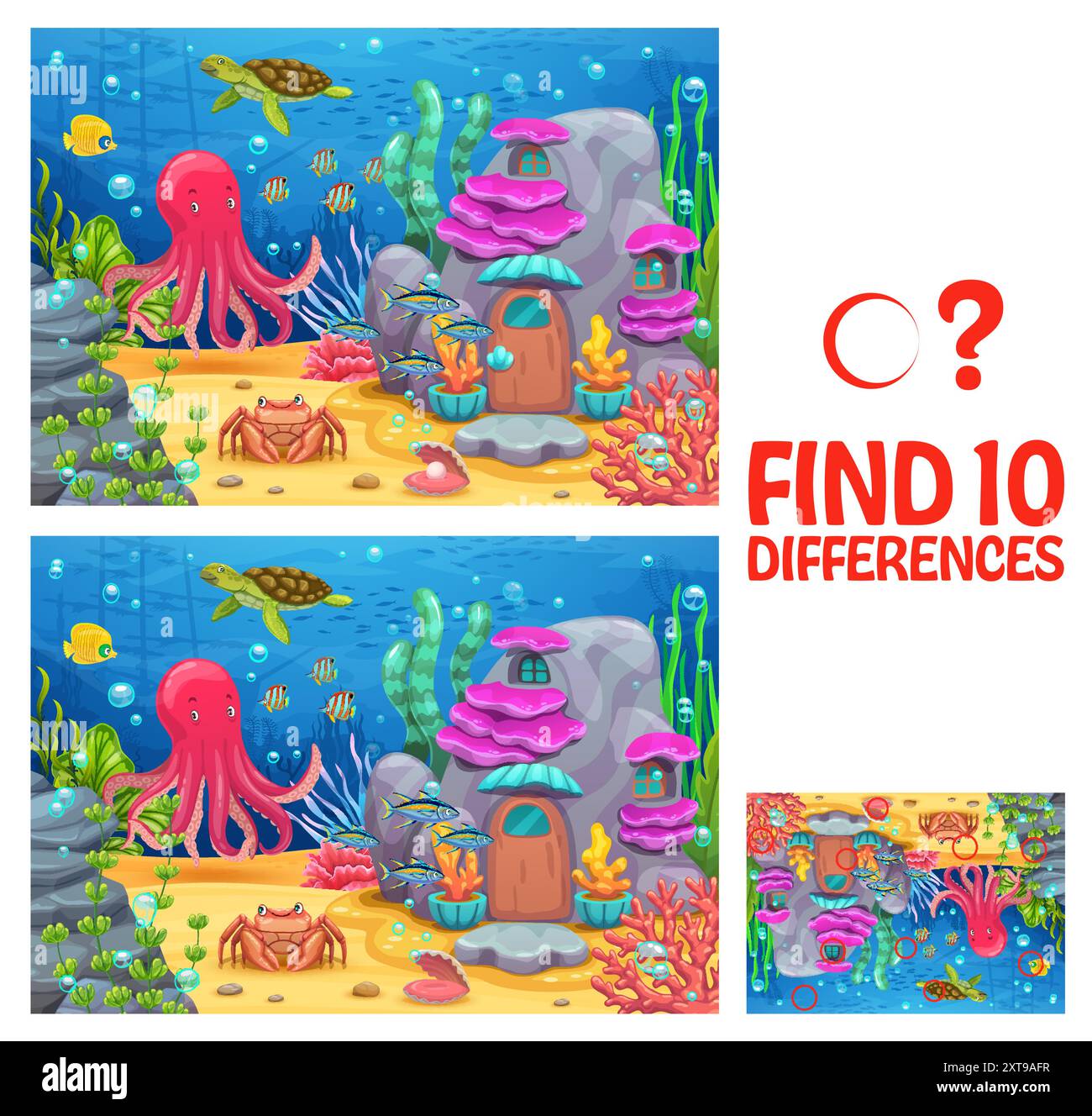 Find ten differences in underwater landscape with sea animals and ocean ...