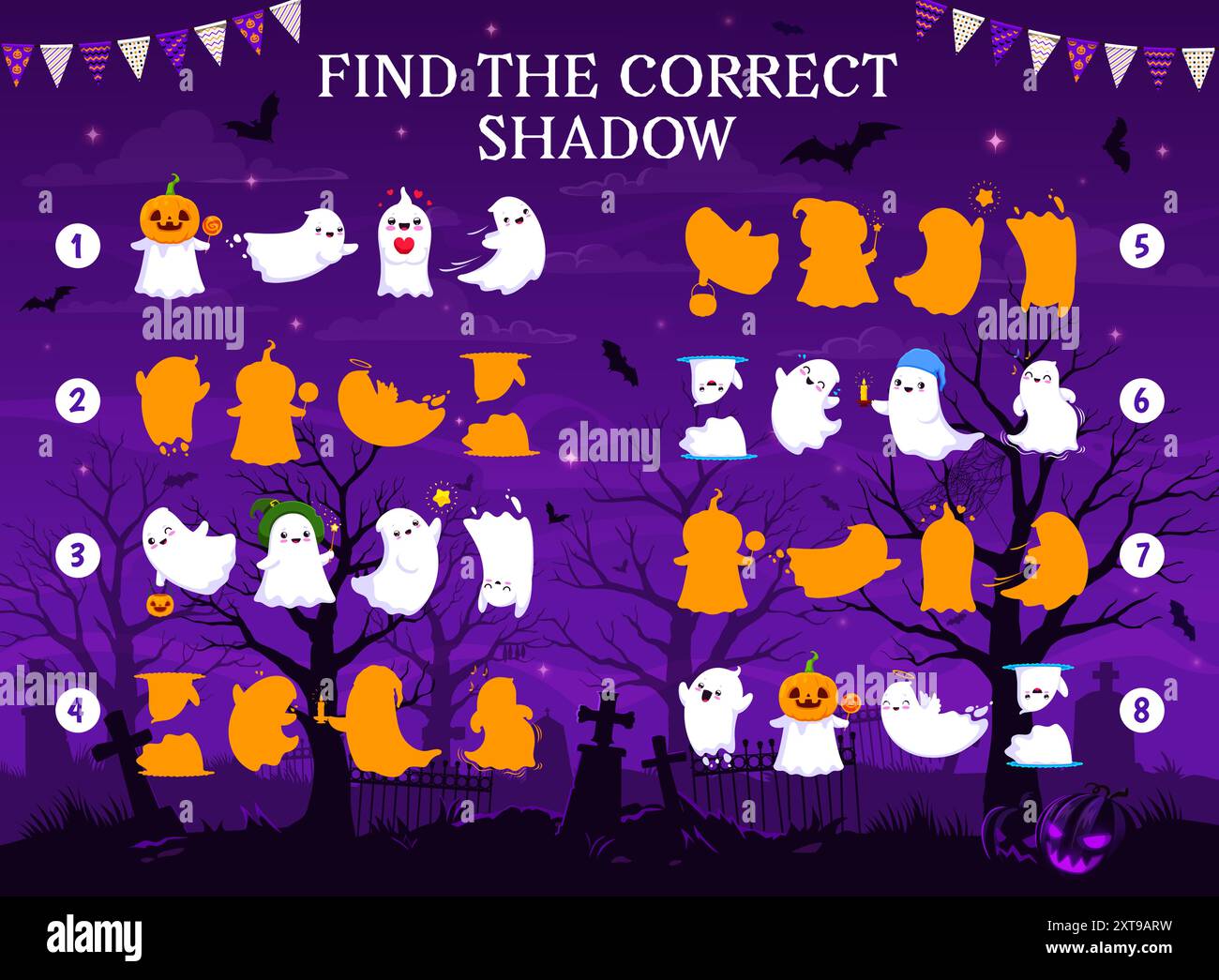 Find the correct shadow of halloween kawaii ghosts, kids game worksheet ...