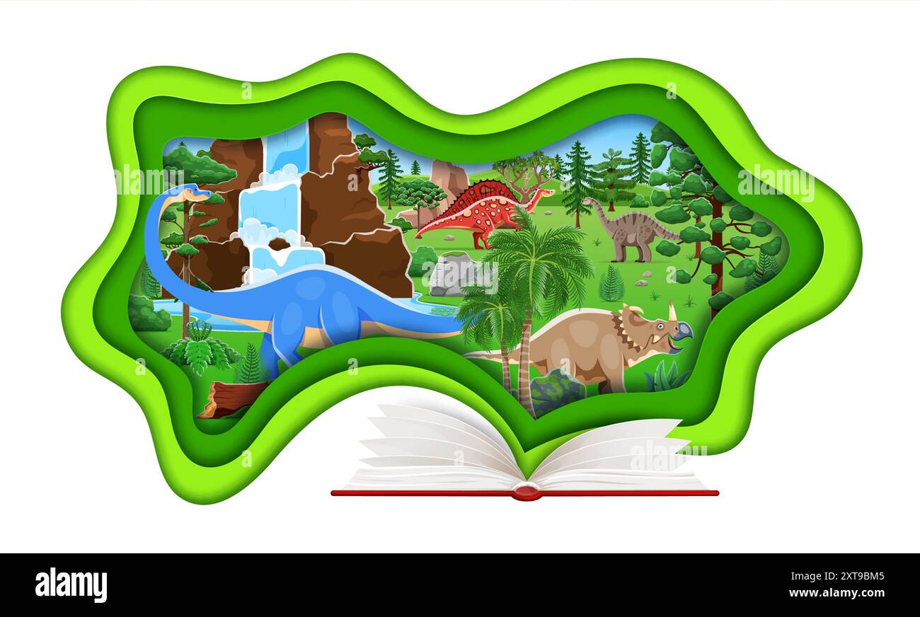 Prehistoric dinosaurs in opened book, paper cut education banner ...