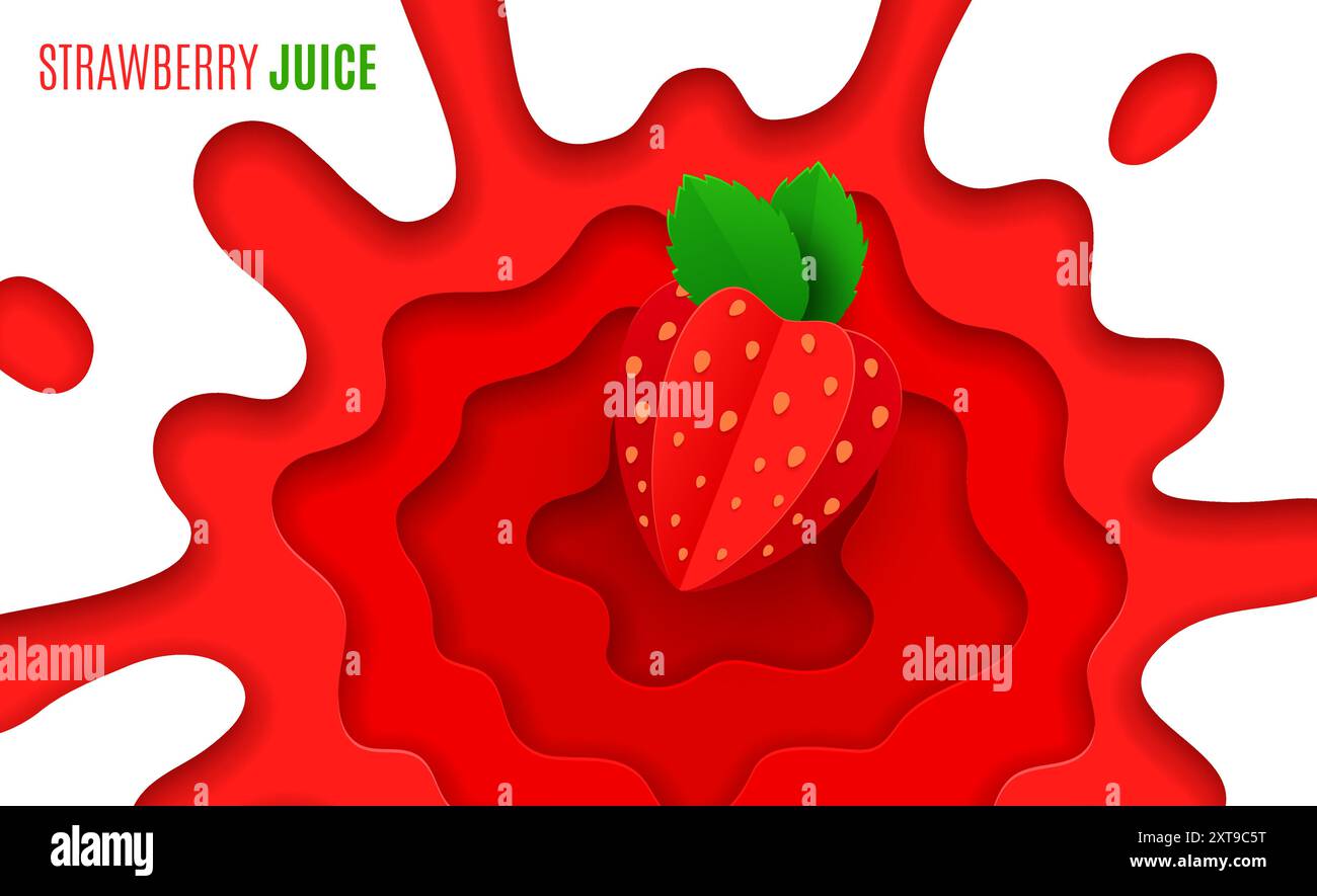 Paper cut strawberry juice splash with vector 3d origami berry. Summer ...