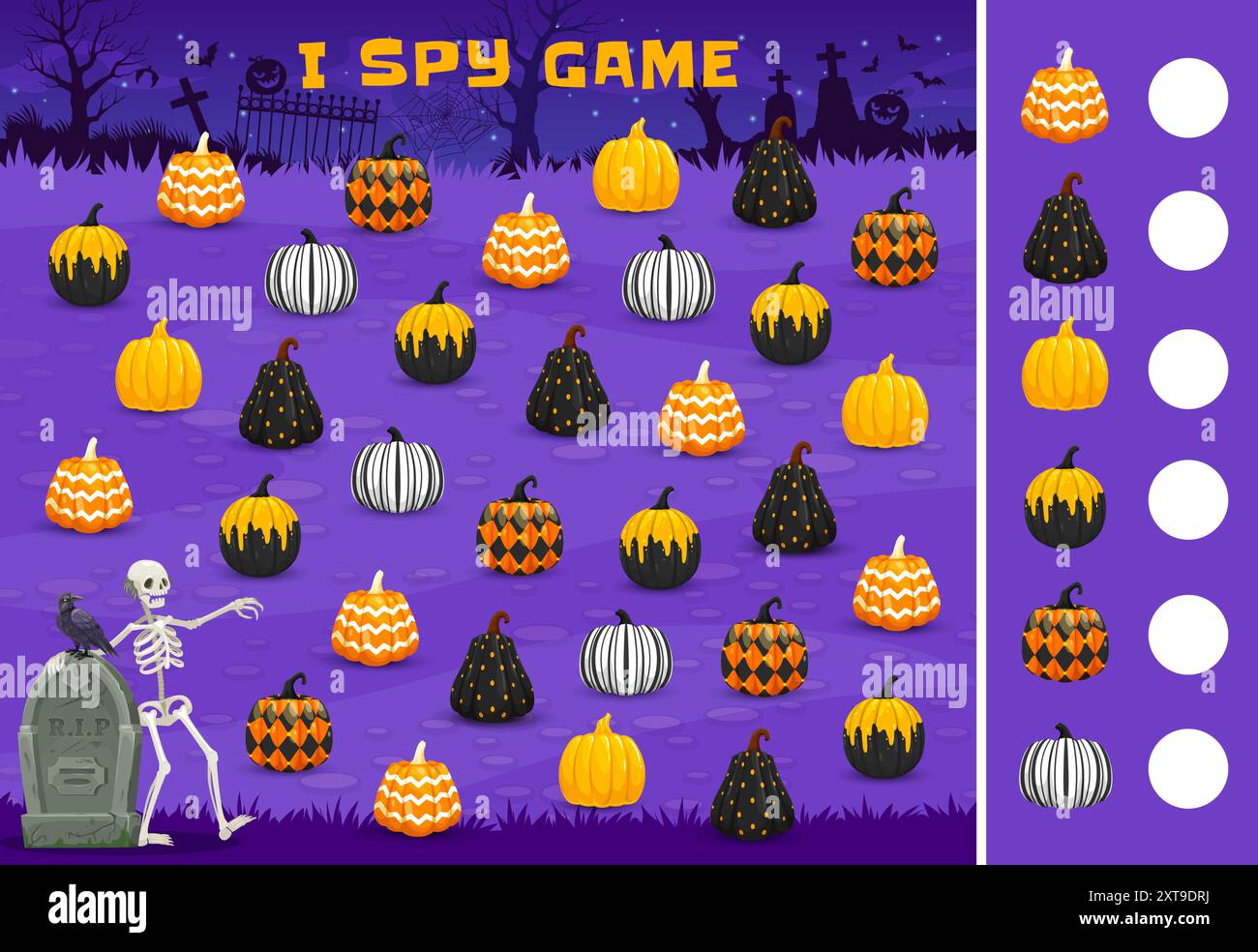 Halloween I spy kids game with patterned pumpkins on cemetery, vector ...