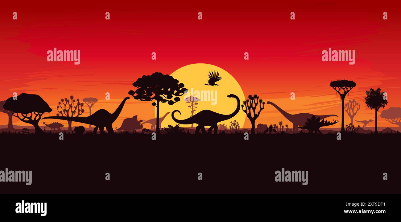 Prehistoric dinosaurs silhouettes sunset landscape with trees and ...