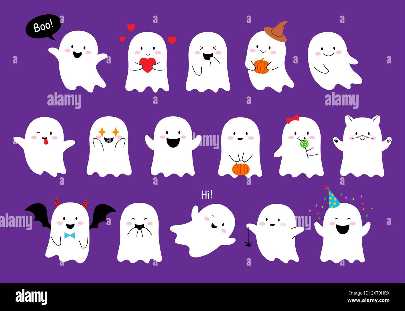 Cartoon Halloween kawaii ghosts characters. Cute Halloween monsters ...