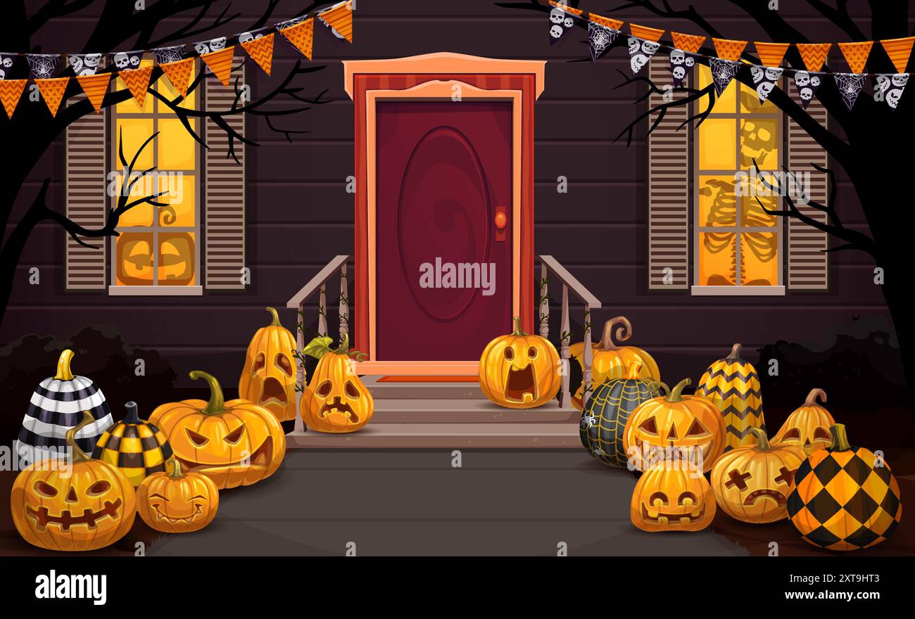 Halloween decorated door porch with pennant garlands, scary patterned ...