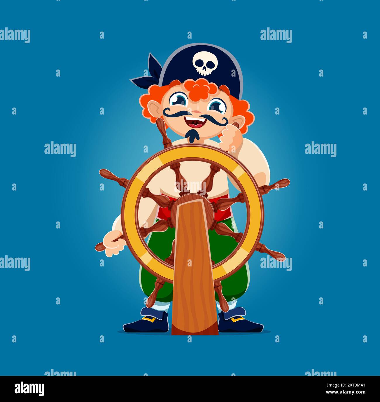 Cartoon kid boy pirate skipper with steering wheel joyfully driving a ...