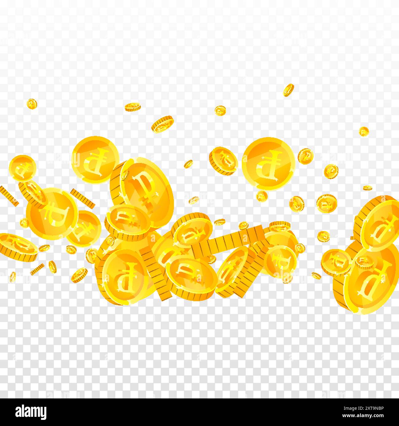 Russian ruble coins falling. Scattered gold RUB coins. Russia money ...