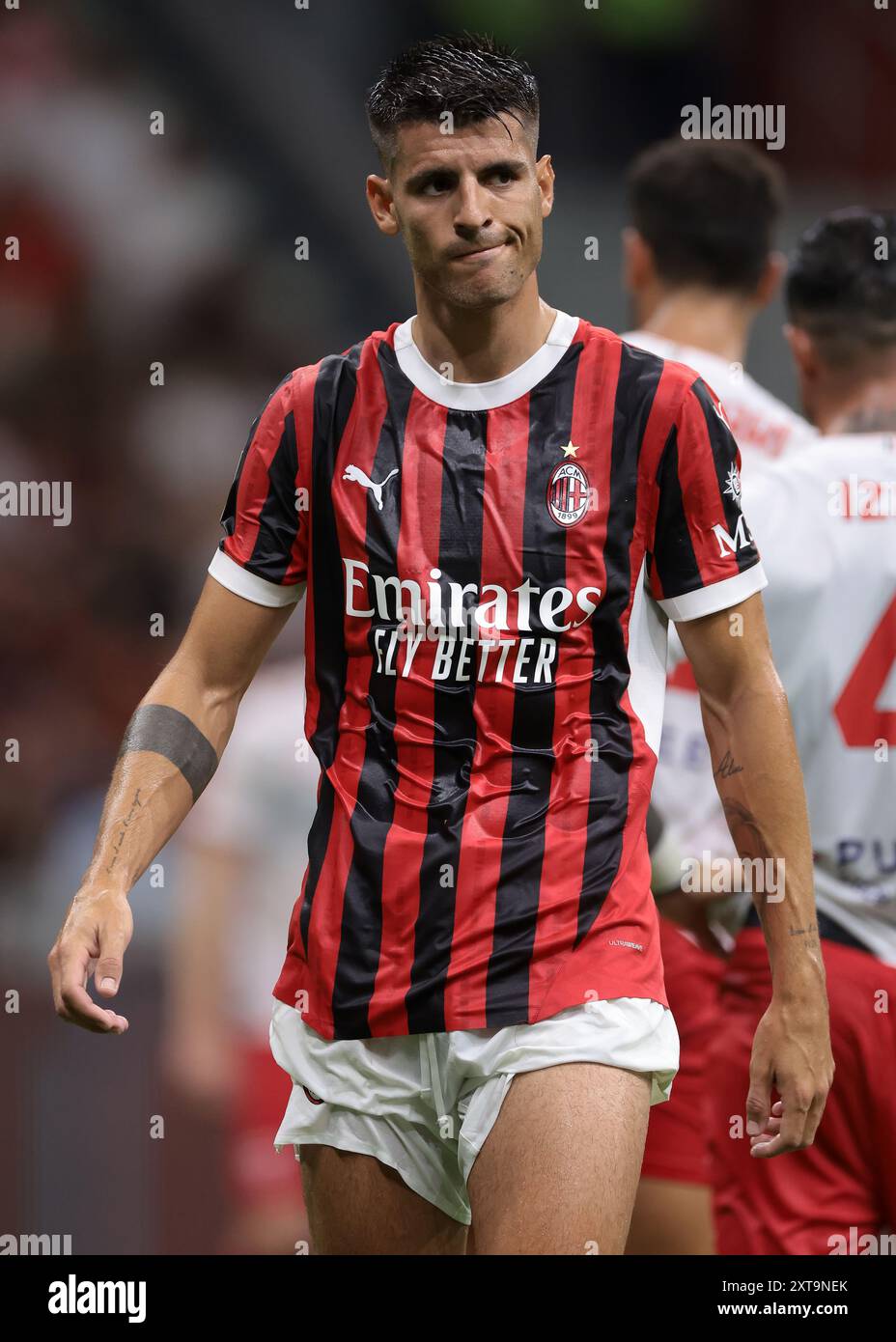 Milan, Italy. 13th Aug, 2024. Alvaro Morata of AC Milan reacts during the Trofeo Silvio ...