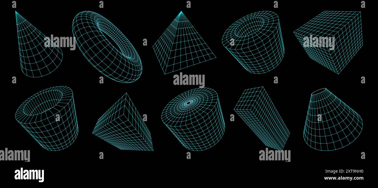 3d Grid Shapes Wireframe Geometric Figures Vector Set Of Three Dimensional Futuristic Forms