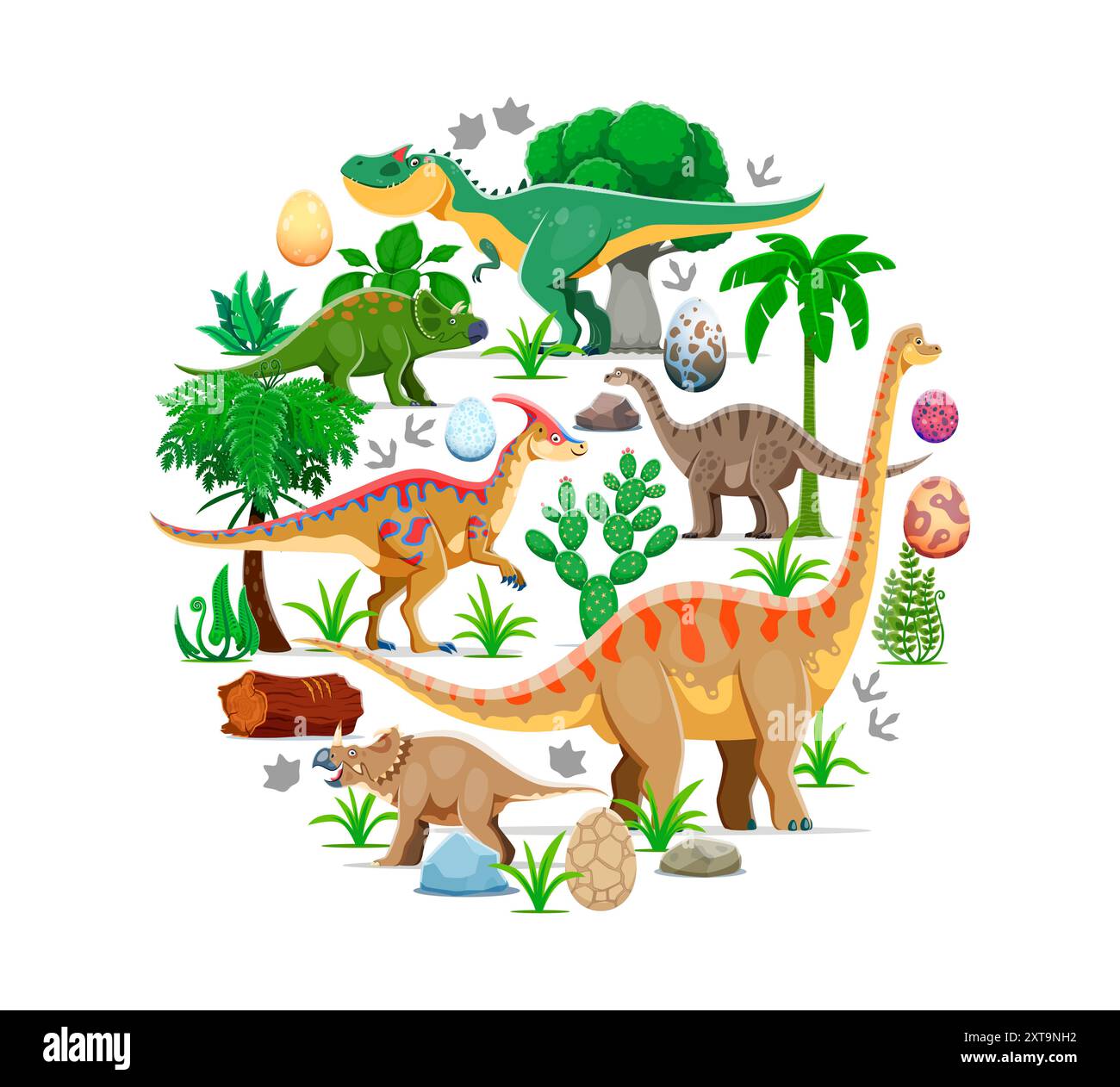 Prehistoric dinosaurs, round banner of vector jurassic dino animals ...