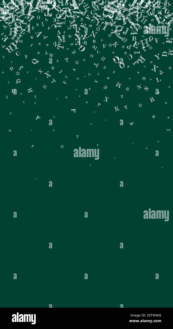 School notebook cover. White chalk floating letters of Latin alphabet ...