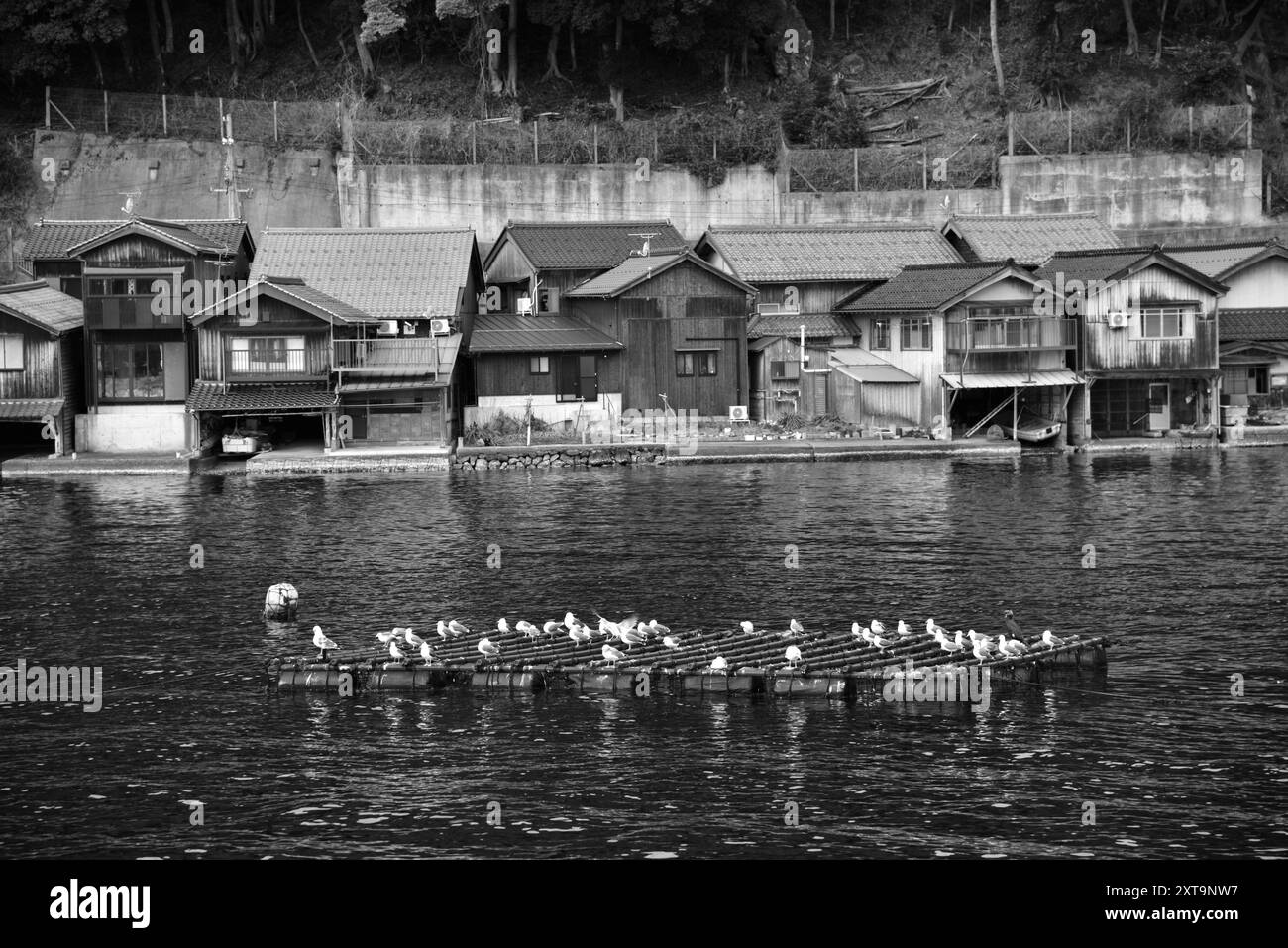 Black and white image of traditional wooden fishermen Funaya boathouses ...