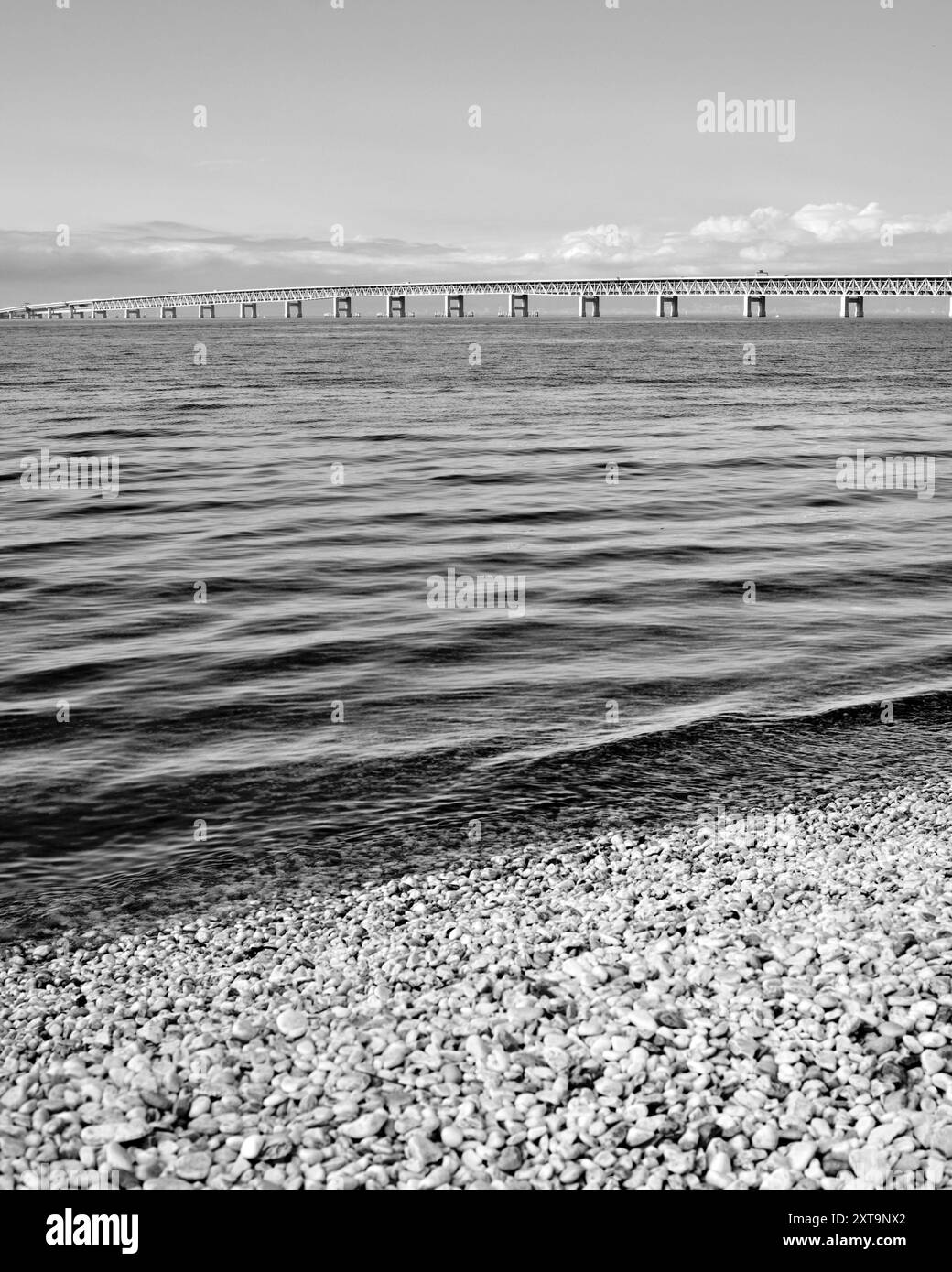 Black and white image, view of the Osaka Bay and Sky Gate Bridge ...