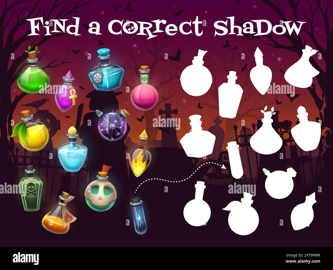 Halloween kids game, find correct shadow of magic potion bottle, vector ...