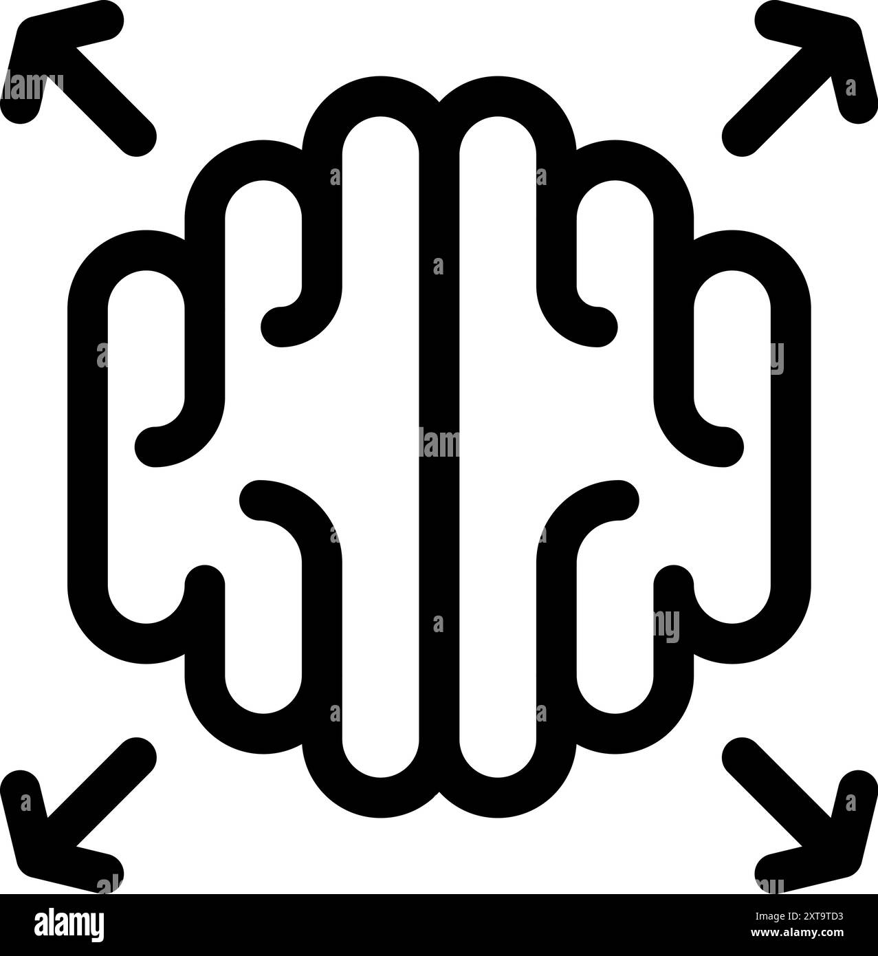 Black and white line art icon of a brain expanding in all directions ...