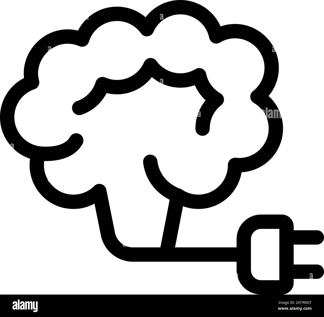 Line art vector icon of a human brain with an electric plug connecting ...