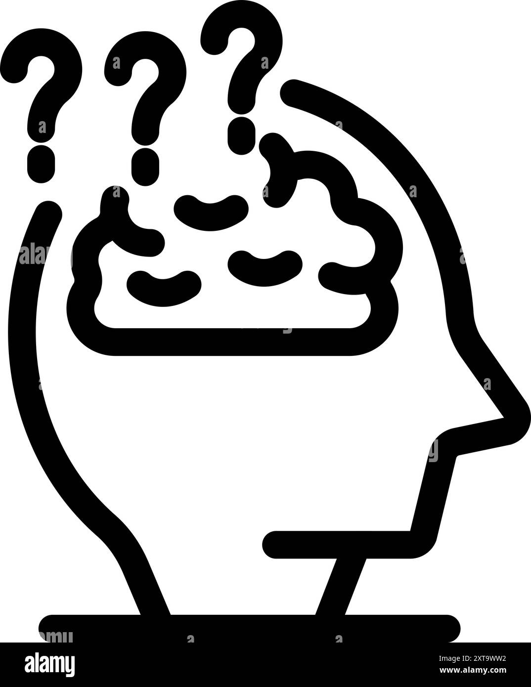 Simple icon of a human head with a brain and question marks, representing the process of ...