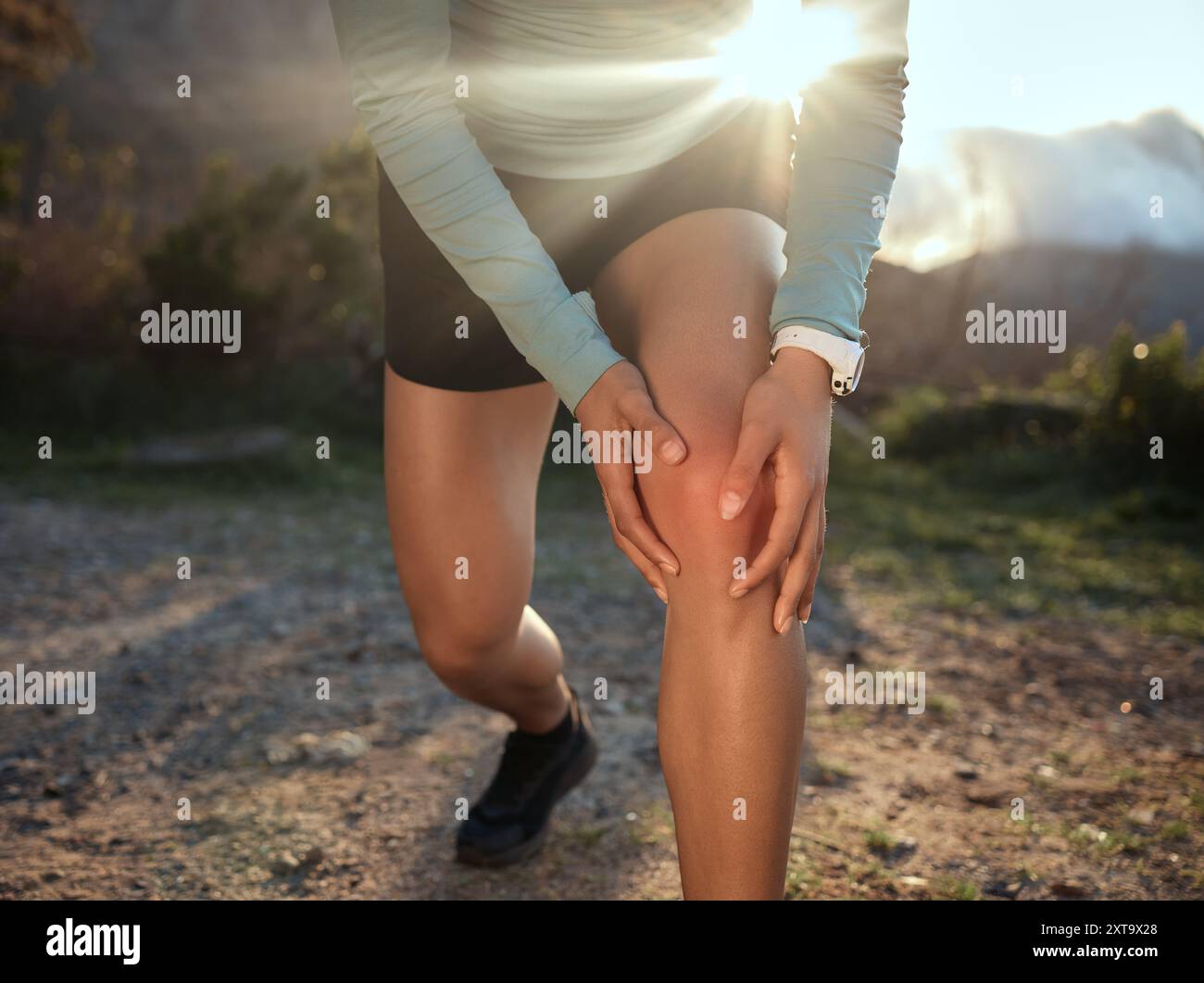 Outdoor, knee and pain with hands for fitness, exercise injury and ...
