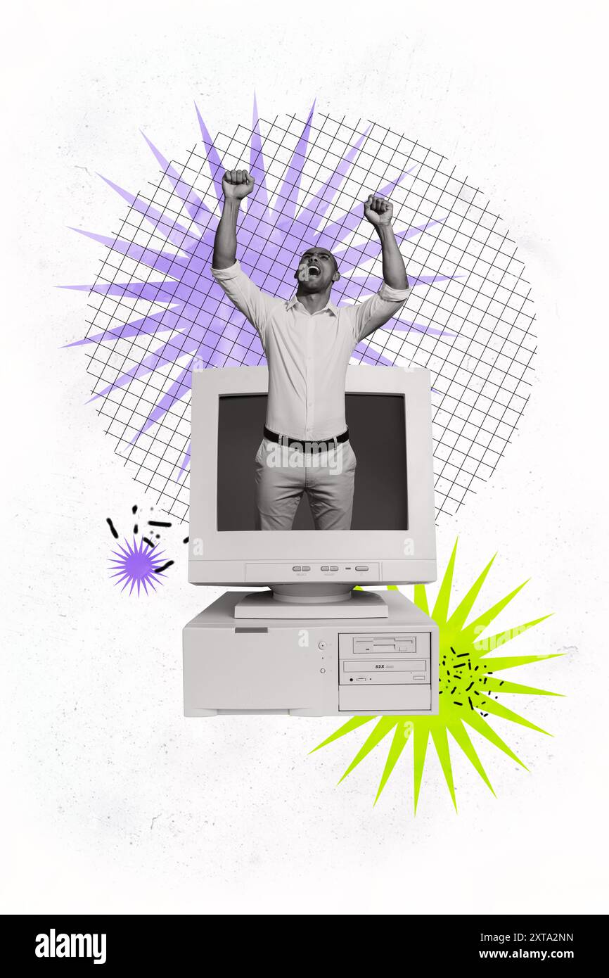 Creative poster banner collage of businessman appear from computer ...