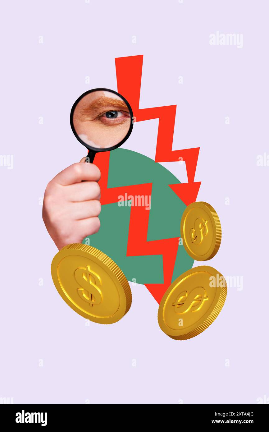 Vertical poster collage magnifying glass vision eyesight golden coins ...