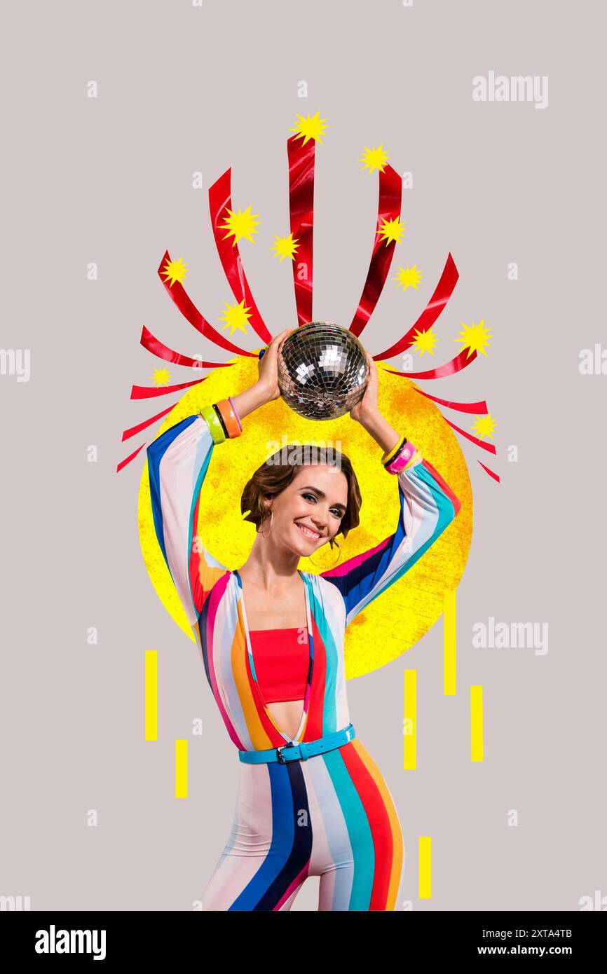 Vertical poster collage young cheerful stylish woman clubber nightclub ...