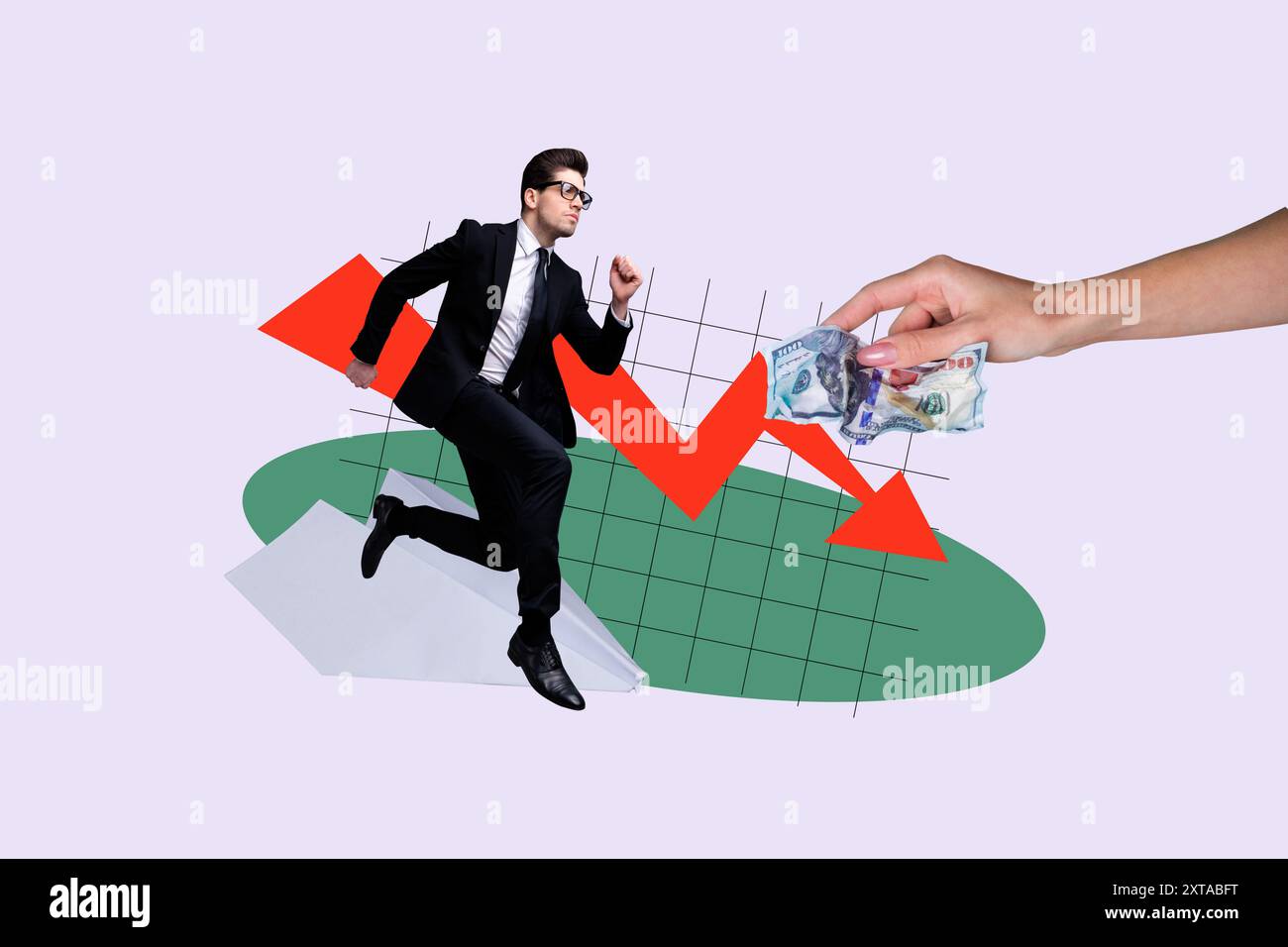 Creative collage picture young businessman entrepreneur run recession ...
