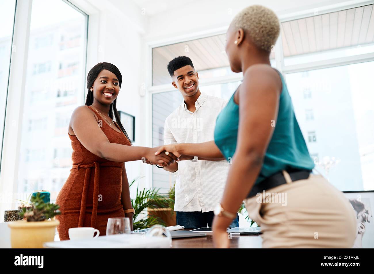 Introduction, business people and handshake in office with meeting for ...