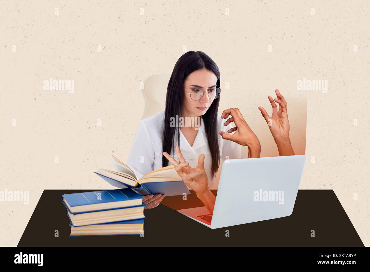 Creative picture collage young woman bookworm reader laptop internet ...