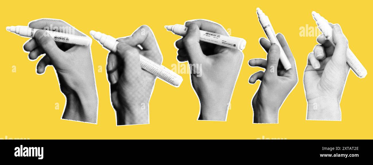 Trendy collage set with hands holding marker on yellow background ...